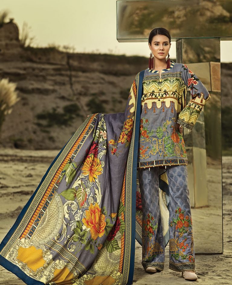 House of Ittehad Winter Embroidered Shawl Linen Dresses 2018-19